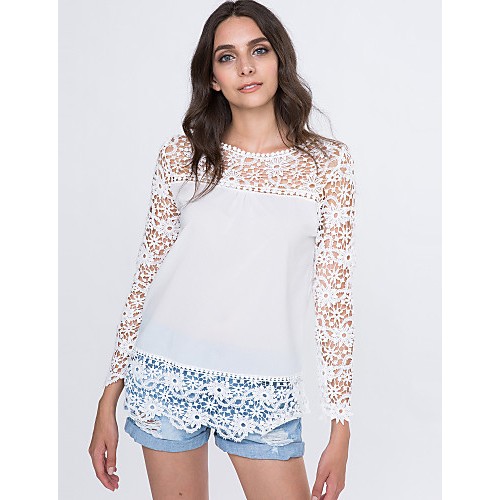 Womens Sexy Casual Lace Cute Plus Sizes Inelastic Long Sleeve Regular Shirt Lace