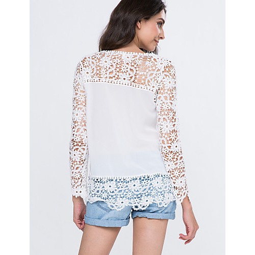 Womens Sexy Casual Lace Cute Plus Sizes Inelastic Long Sleeve Regular Shirt Lace