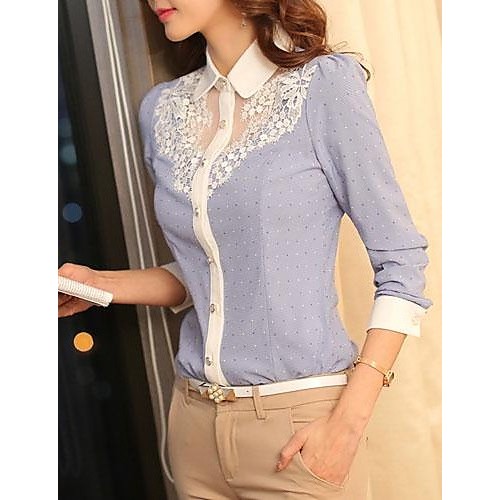 Women's Casual Lace Micro Elastic Long Sleeve Regular Blouse